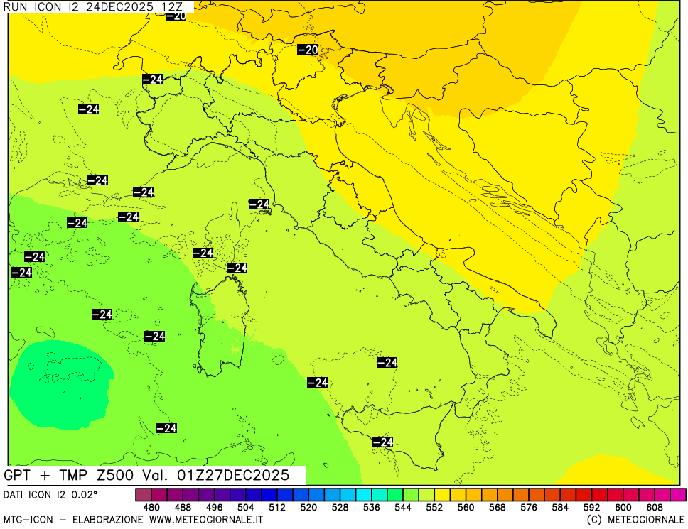 Modello meteo ICON-I2 Focus Italia: mappa 500 hPa GPT + Temp