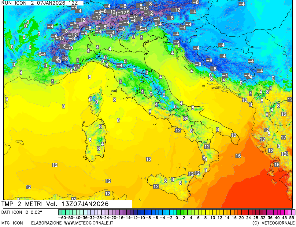 Modello meteo ICON-I2 Focus Italia: mappa Temp 2 metri