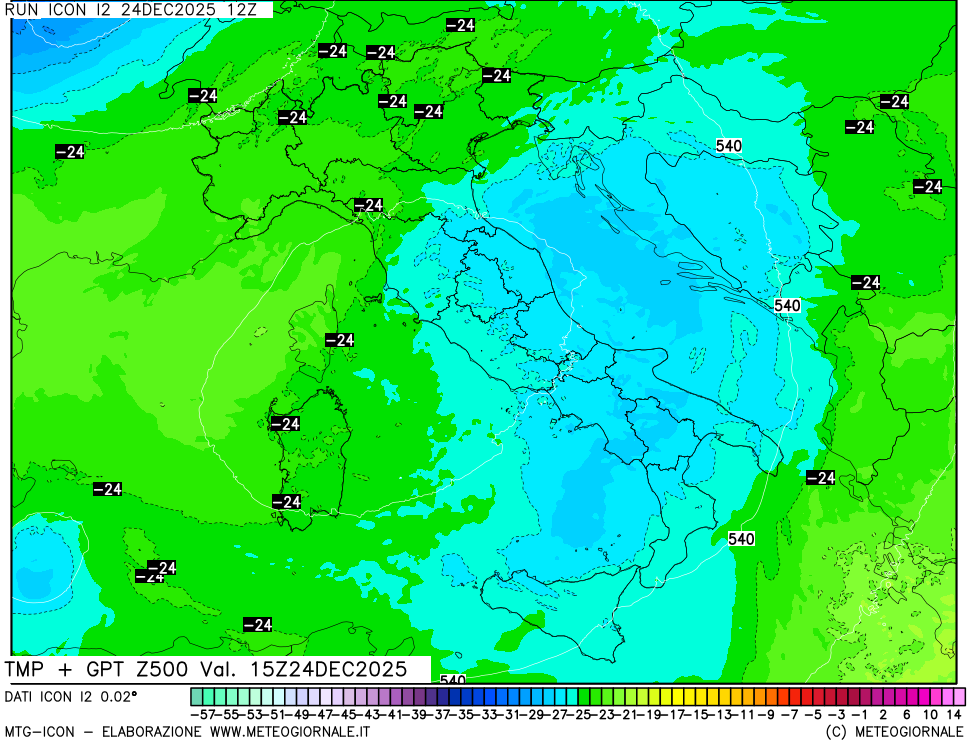 Modello meteo ICON-I2 Focus Italia: mappa 500 hPa Temp + GPT