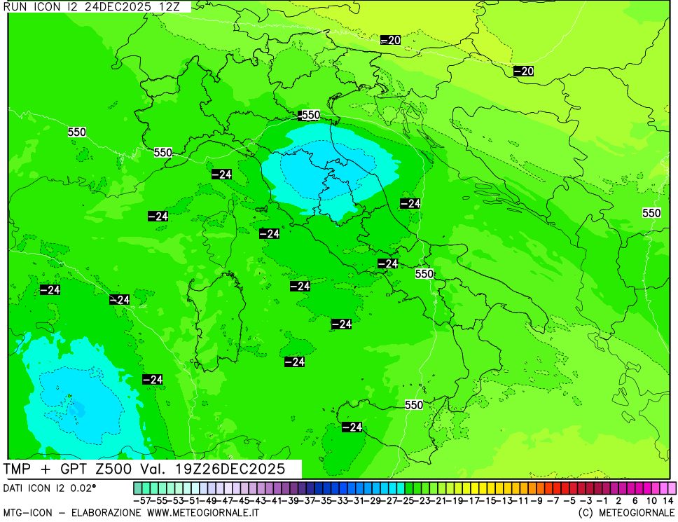 Modello meteo ICON-I2 Focus Italia: mappa 500 hPa Temp + GPT