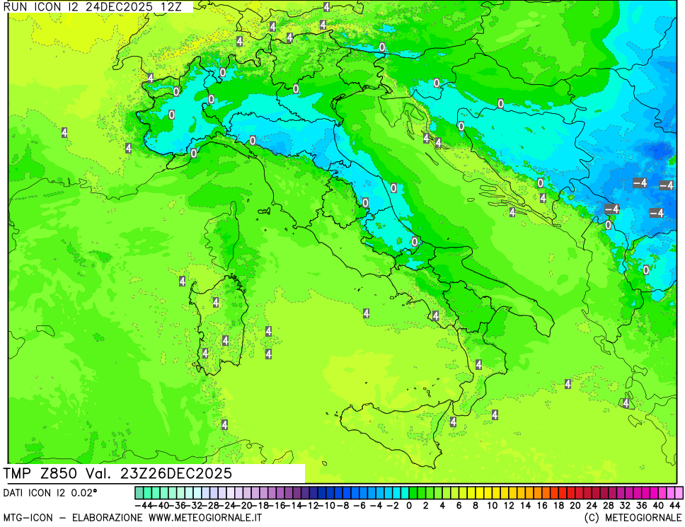 Modello meteo ICON-I2 Focus Italia: mappa 850 hPa Temp