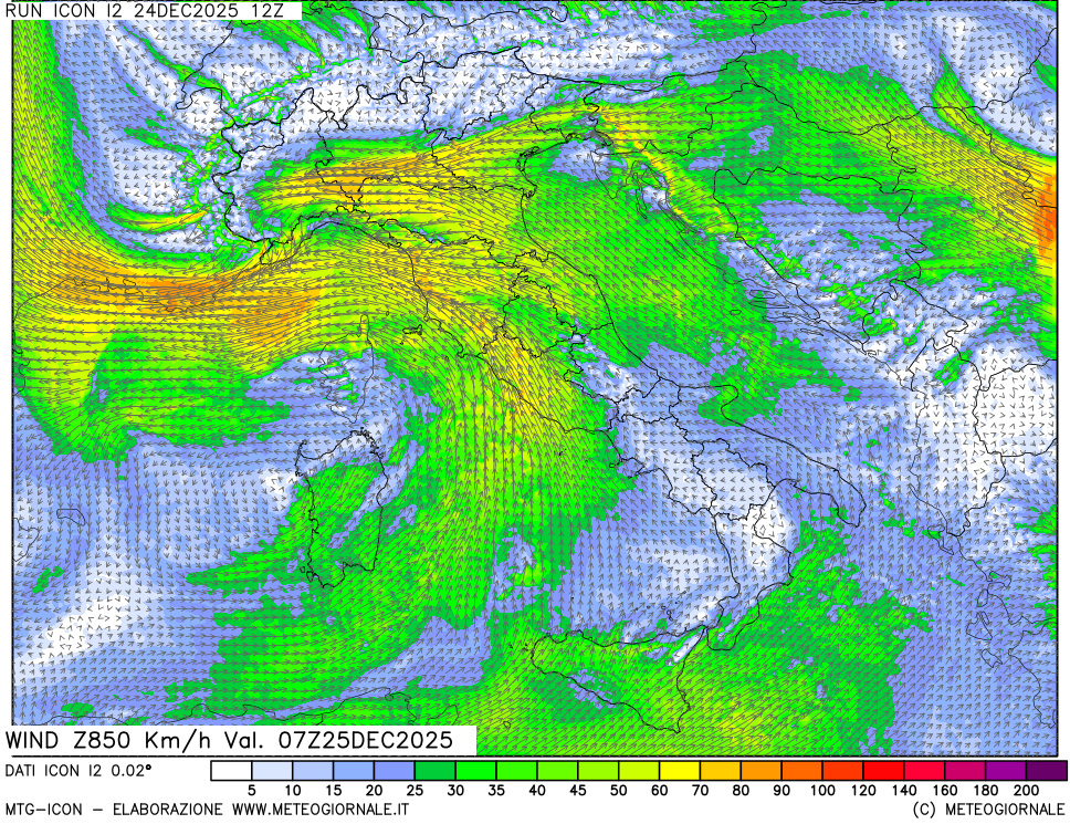 Modello meteo ICON-I2 Focus Italia: mappa 850 hPa Vento forza e direzione
