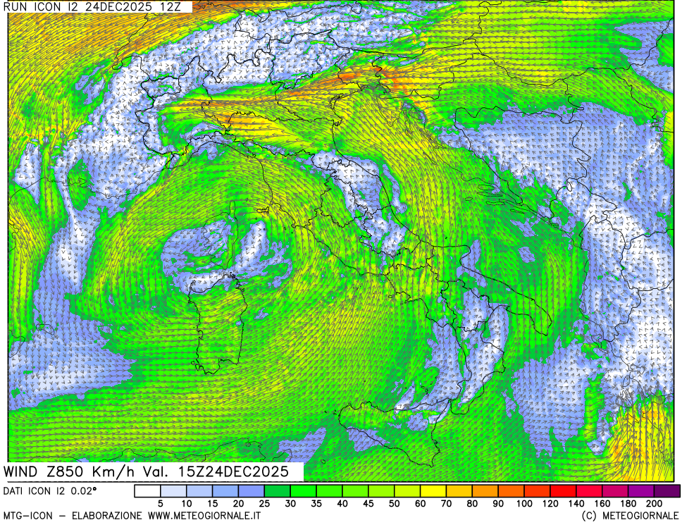 Modello meteo ICON-I2 Focus Italia: mappa 850 hPa Vento forza e direzione