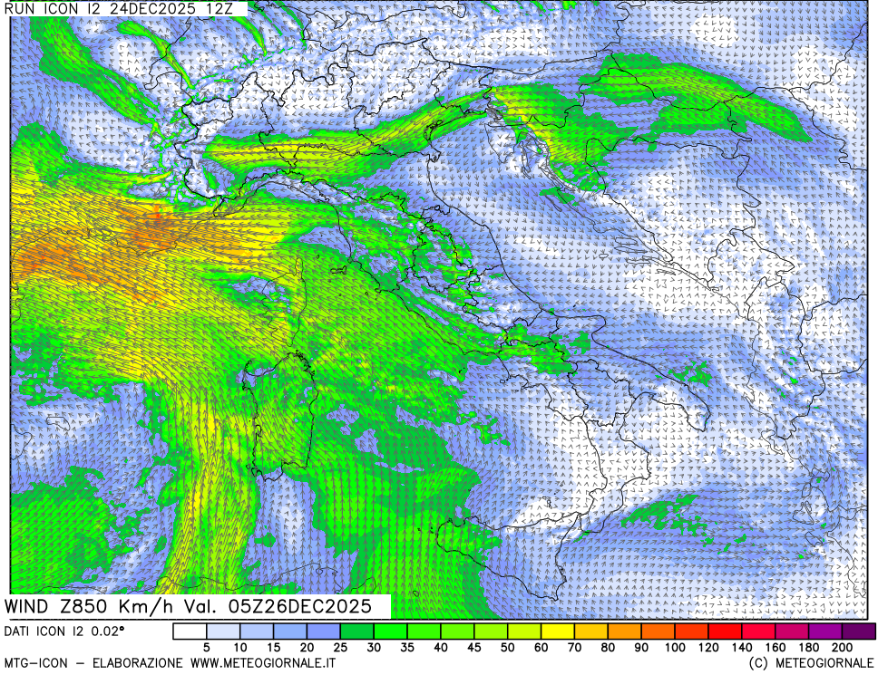 Modello meteo ICON-I2 Focus Italia: mappa 850 hPa Vento forza e direzione