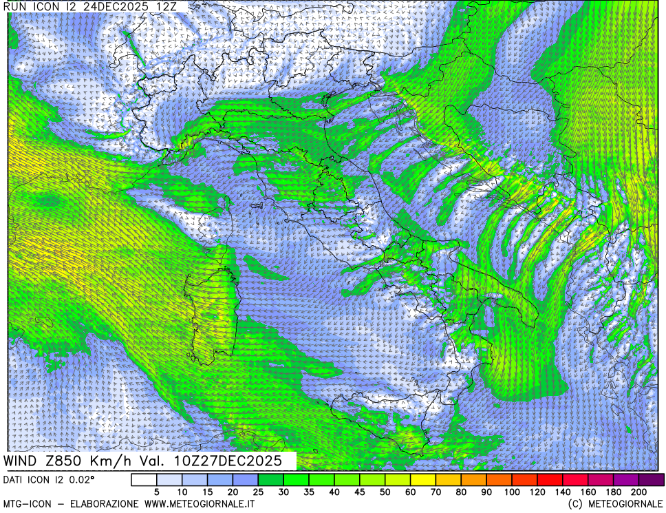 Modello meteo ICON-I2 Focus Italia: mappa 850 hPa Vento forza e direzione