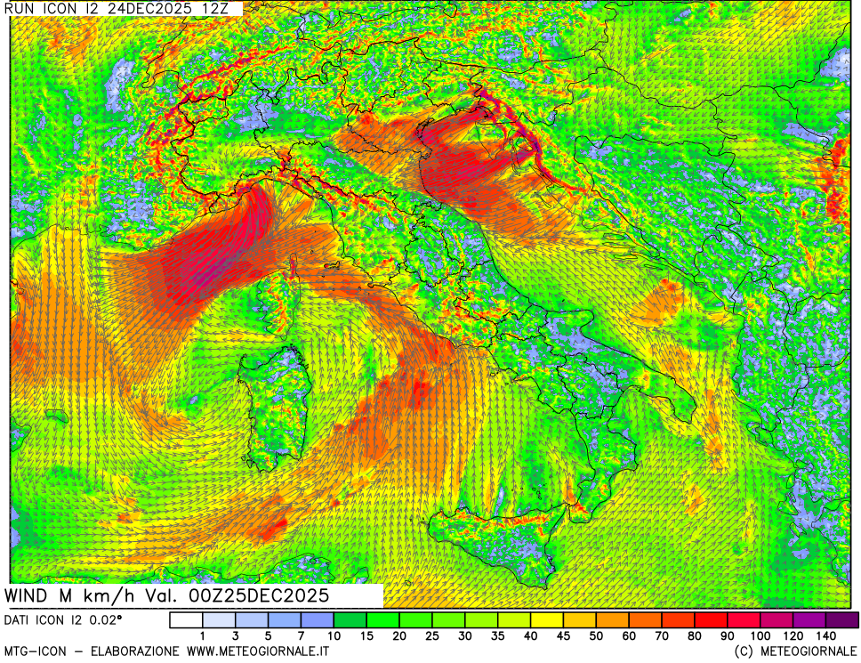 Modello meteo ICON-I2 Focus Italia: mappa 10 m Vento raffica massima