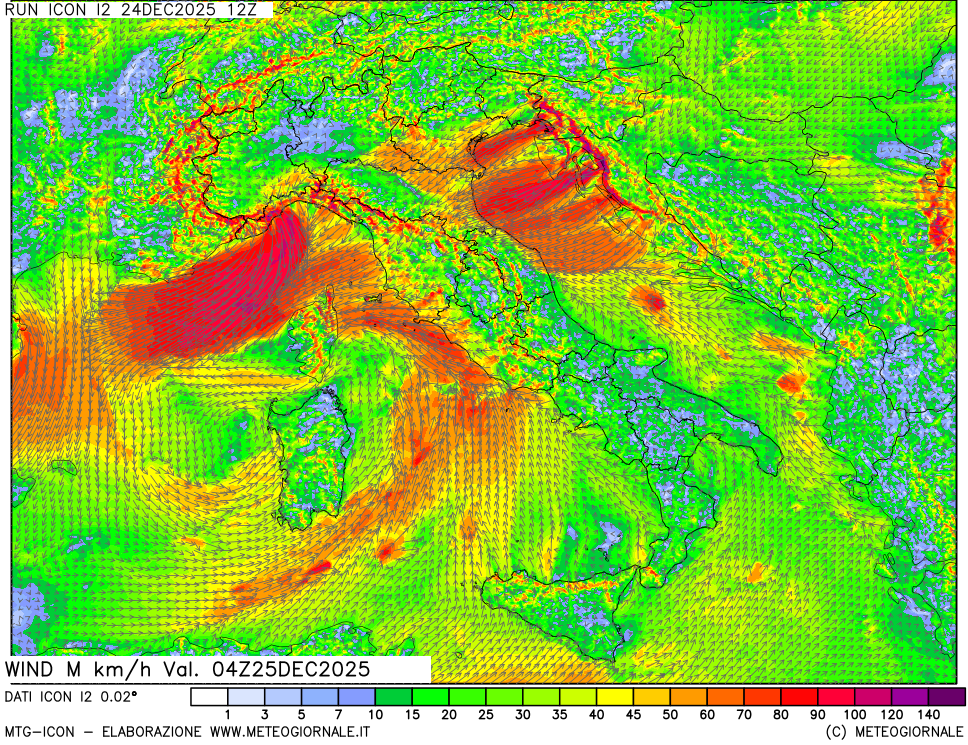 Modello meteo ICON-I2 Focus Italia: mappa 10 m Vento raffica massima