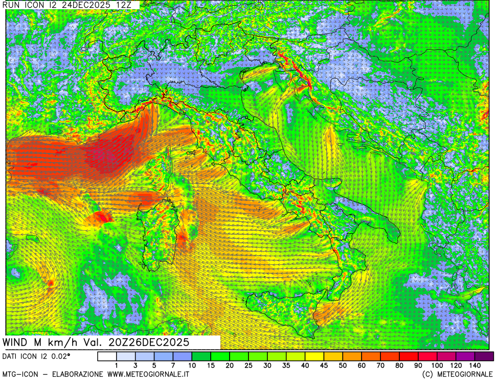 Modello meteo ICON-I2 Focus Italia: mappa 10 m Vento raffica massima
