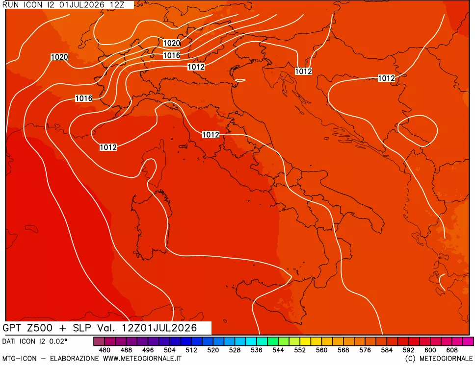 Modello meteo ICON-I2 Focus Italia: mappa 500 hPa GPT + Press SLM