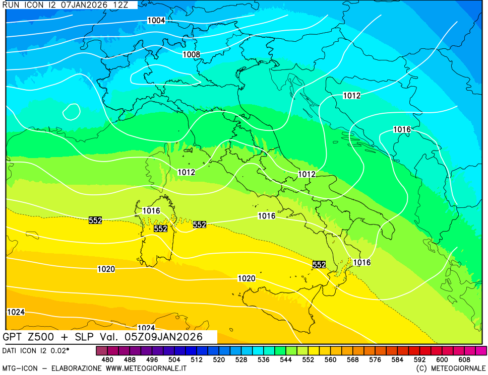 Modello meteo ICON-I2 Focus Italia: mappa 500 hPa GPT + Press SLM