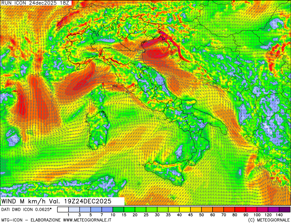 Modello meteo ICON Focus Italia: mappa 10 m Vento raffica massima